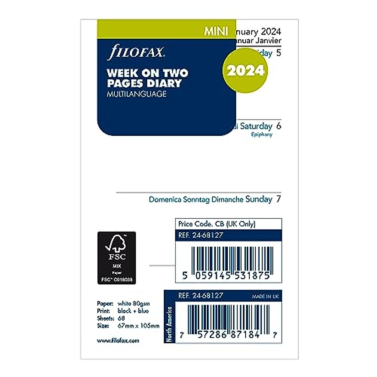 Filofax Calendar Diary Refill, Mini Size, Week-to-View, White Paper, Unruled, Multilingual: Four Languages, 2024 (C68127-24)