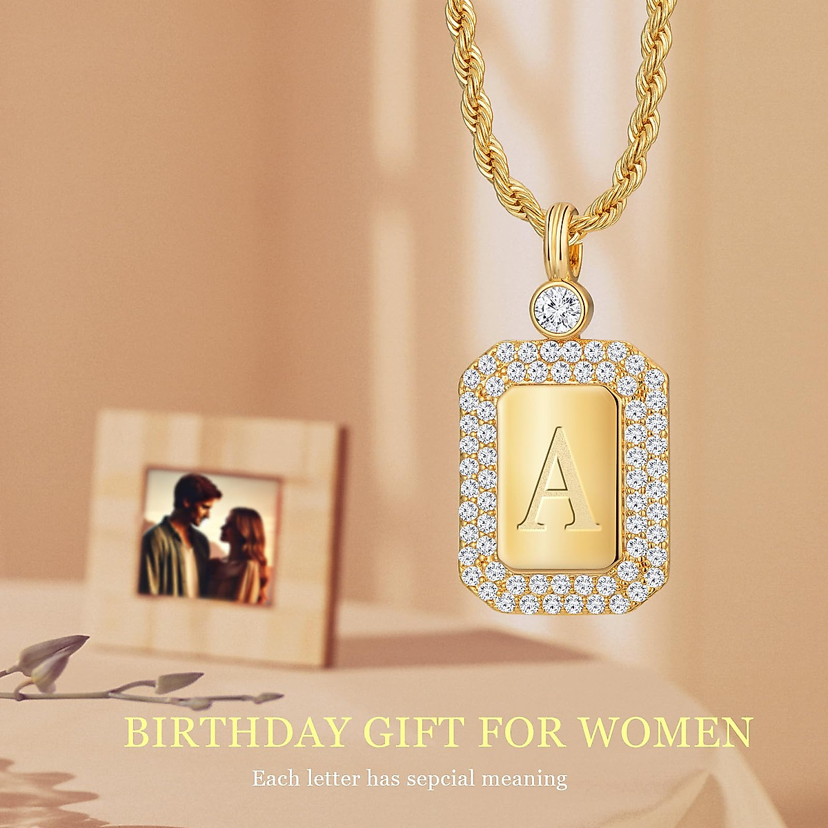 Valentine's Day Gift Gold Initial Necklaces for Women, Letter Necklace for Her Birthday Gift for Friends, Yellow Gold Initial Pendant Necklace with Rope Chain, Gold Plated, Cubic Zirconia