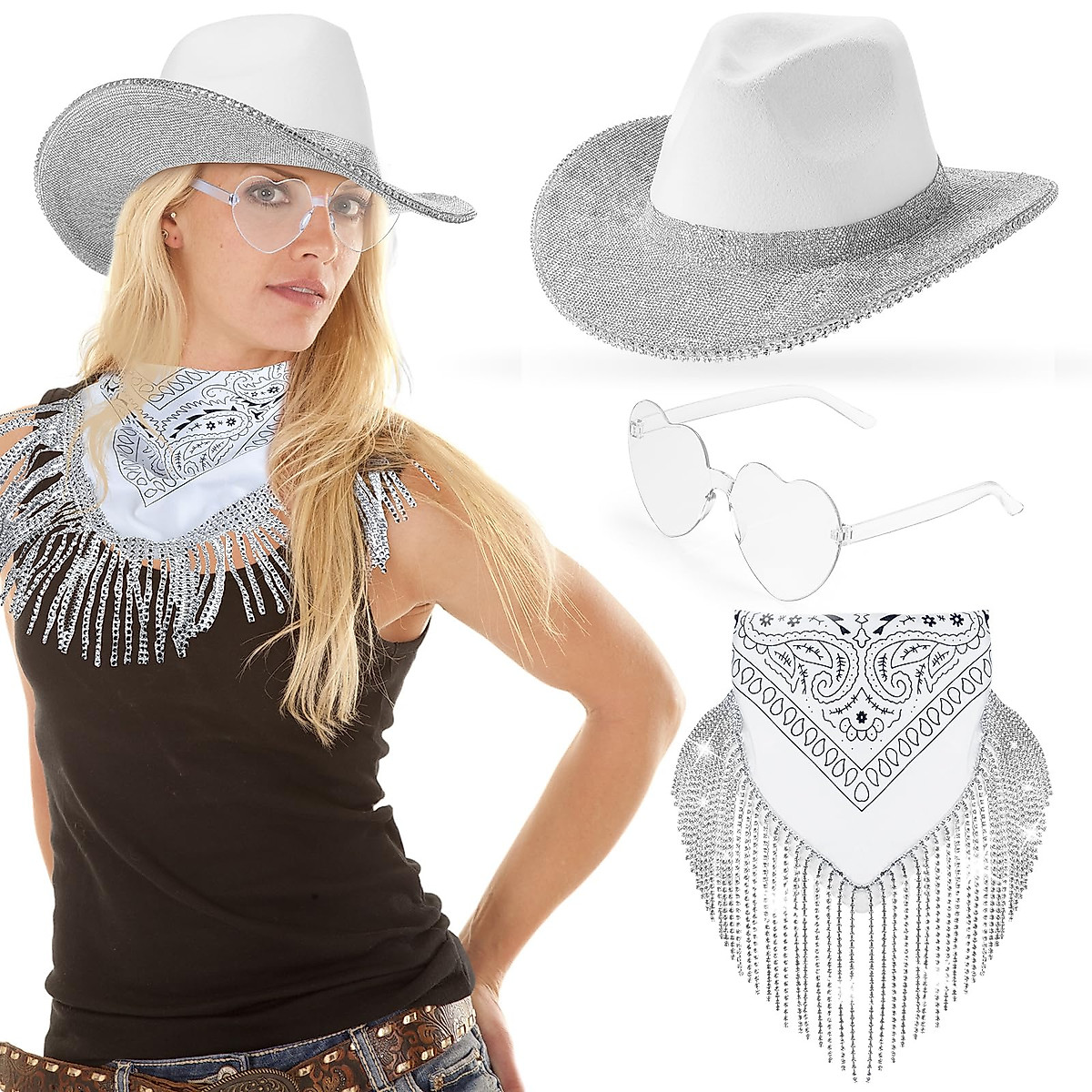 Silicherry Rhinestone Cowboy Hat Glitter Cowgirl Hat with Glasses Headscarf for Men Women Adult Bling Cowboy Costume Cosplay(White, Classic Style)