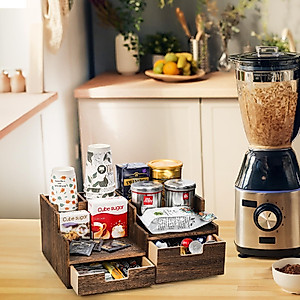 Goaste Coffee Station Organizer with 2 Drawers, Wooden Coffee Bar Accessories Organizer, Countertop K-Cup Storage Holder, Coffee Pods Storage Box, Tea Bag Condiment Organizer for Home, Office