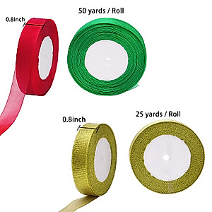 Livder 4 Rolls 4/5 Inch in Width Christmas Metallic Glitter Organza Ribbons Golden, Silvery, Red, Green Ribbon for Gift Wrapping, Christmas Tree Room Decoration