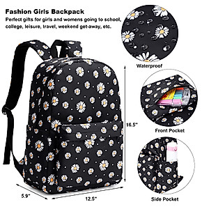 Kouxunt Daisy School Backpack for Girls Womens, School Bags Collge Bookbags Laptop Backpacks for Kids Teens Adults (Black)