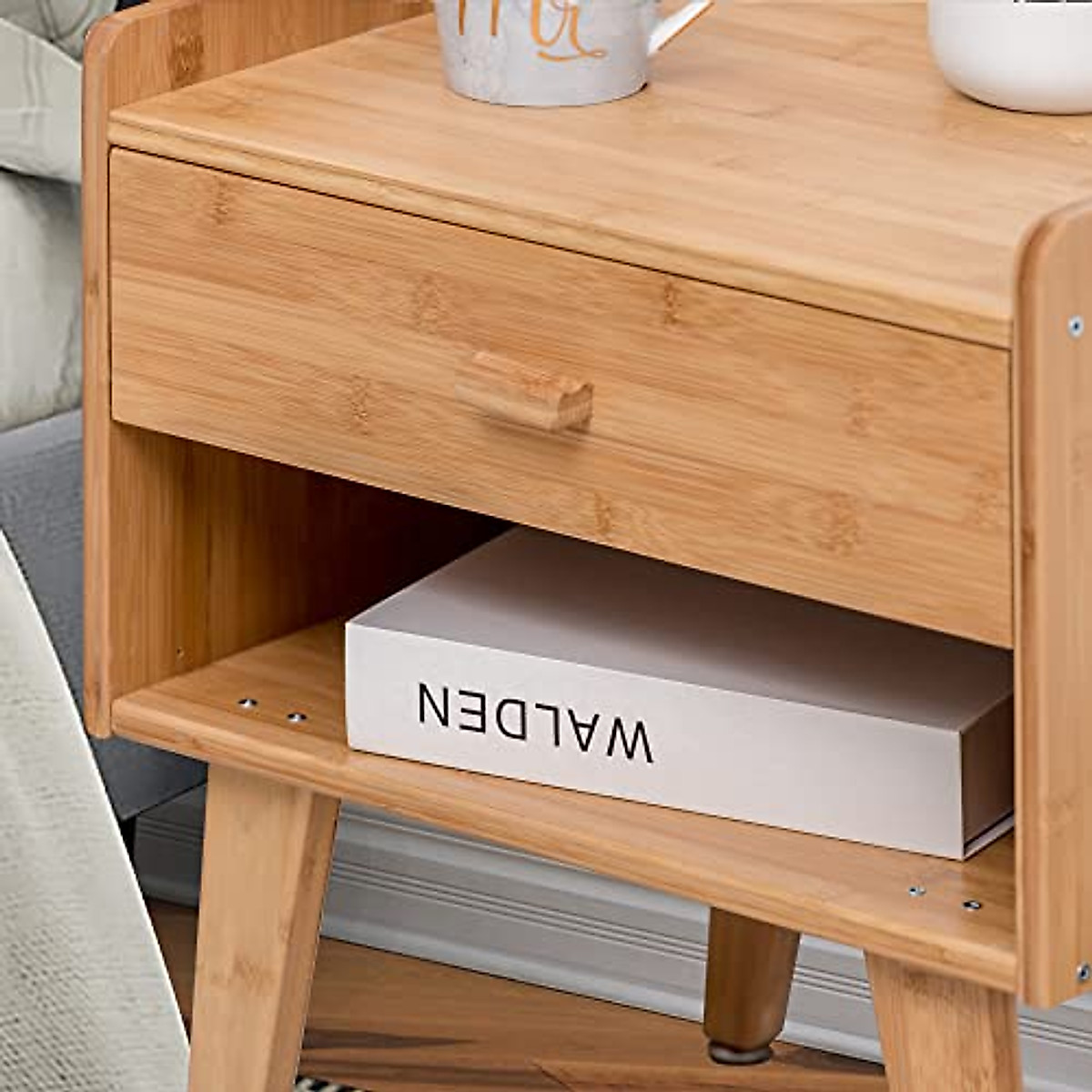 Nightstand Mid-Century Modern Bedside Table with Drawer, Small Nightstand with Adjustable Foot Pad for Bedroom, Recyclable Bamboo (Natural Bamboo)
