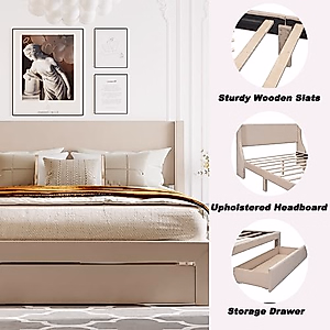 Queen Size Velvet Platform Bed Frame with Headboard, Upholstered Platform Bed Frame with Storage Drawer, No Box Spring Needed, Sturdy Wood Slat Support for Bedroom Boys Girls Teens Room (Queen, Beige)