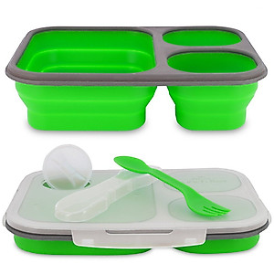 Smart Planet EC-34 Large 3-Compartment Eco Silicone Collapsible Meak Kit Lunch Box, Green