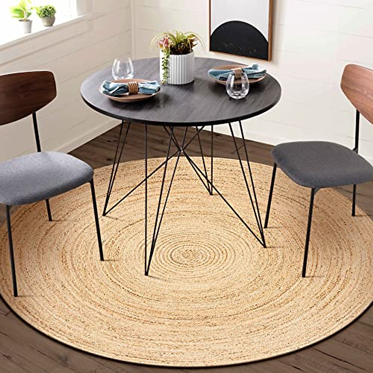 Ramanta Home Jute Braided Rug, 4' Round Natural, Hand Woven Reversible Rugs for Kitchen Living Room Entryway, 4 Feet Round