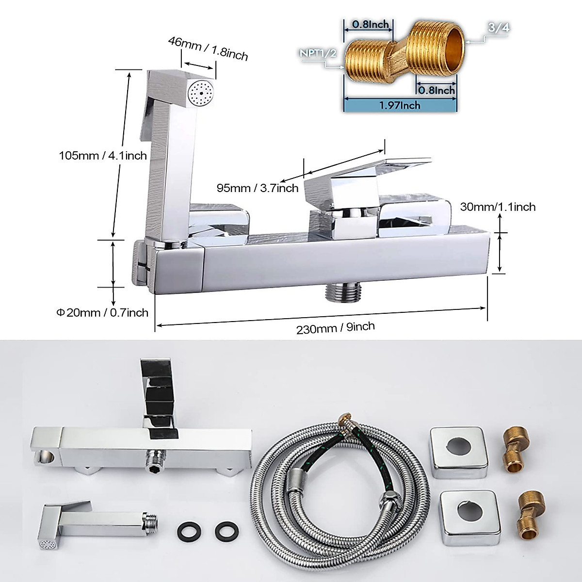 AZOS Bidet Sprayer for Toilet, Toilet Concealed Hot and Cold Mixing Brass Handheld Bidet Toilet Sprayer Wall Mount Diaper Douche Shattaf Kit for Bathroom Cleaning, Polished Chrome