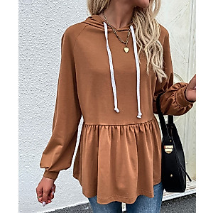 YOXUA Womens Casual Hoodies Peplum Tops, Long Sleeve Lightweight Drawstring Sweatshirt Jacket Pullover Shirts Blouse Coffee