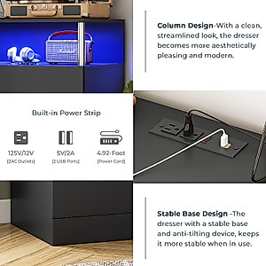 AOGLLATI Black Dresser for Bedroom with 4 Drawers,Dressers & Chests of Drawers with Column Design & Charging Station, Modern Bedroom Led Long Dresser for Bedroom Closet