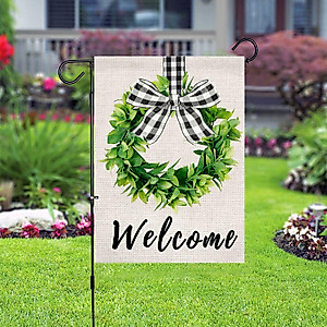 XIFAN Welcome Garden Flag Heavyweight Burlap Boxwood Wreath Flag Double Sided Buffalo Plaid Bow Small 12.5 x 18 Inch Spring Yard Farmhouse Outdoor Decoration