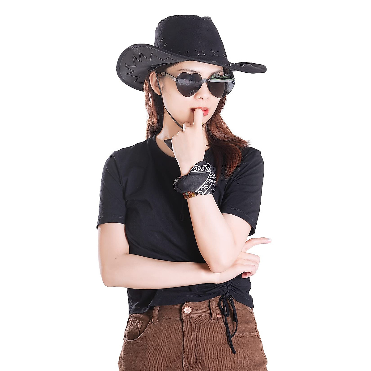 choyaxo Western Cowboy Costume Set Including Cowgirl Hat Heart Shaped Sunglasses and Bandana for Halloween，Black