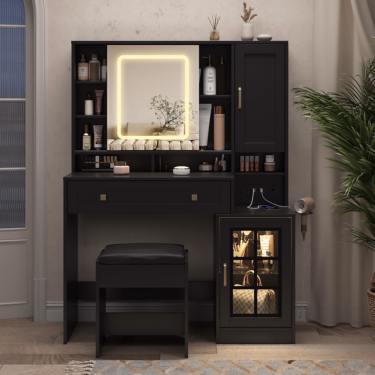 Vabches Vanity Desk with Sliding Mirror and Lights, 41.8'' Black Makeup Vanity Table with Jewelry Storage & Charging Station, Stool, Large Drawer, Visual Cabinet, 3 Lighting Modes, Adjustable Shelves