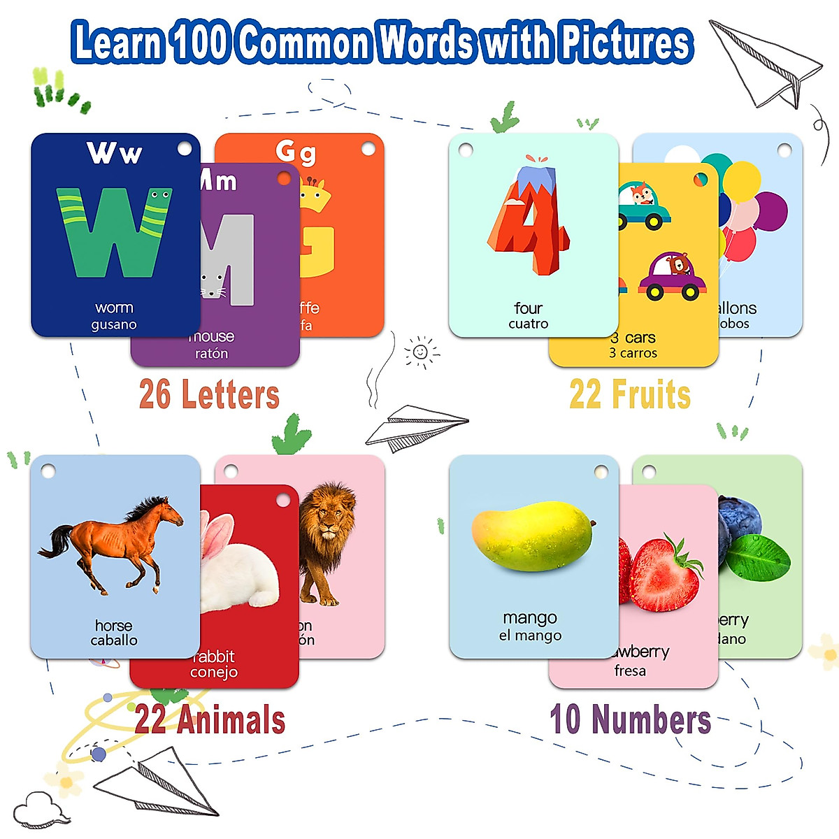 JONZOO Bilingual Baby Flash Cards, 100 Pages Toddler Flashcards with Rings & Holes, Educational Toy for Kids Baby Toddlers Over 6 Months Learn ABCs/Language/Numbers/Animals/Fruits(Visual Cards)