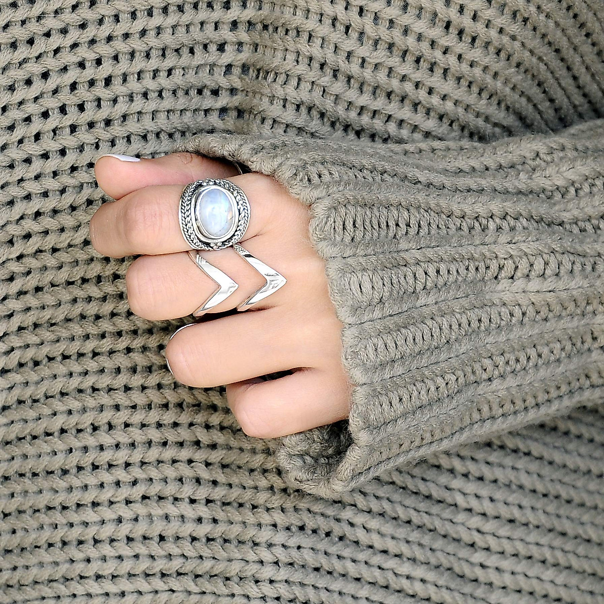 Boho-Magic Sterling Silver Chevron Ring for Women Statement Large Wide Band Full Finger (8)