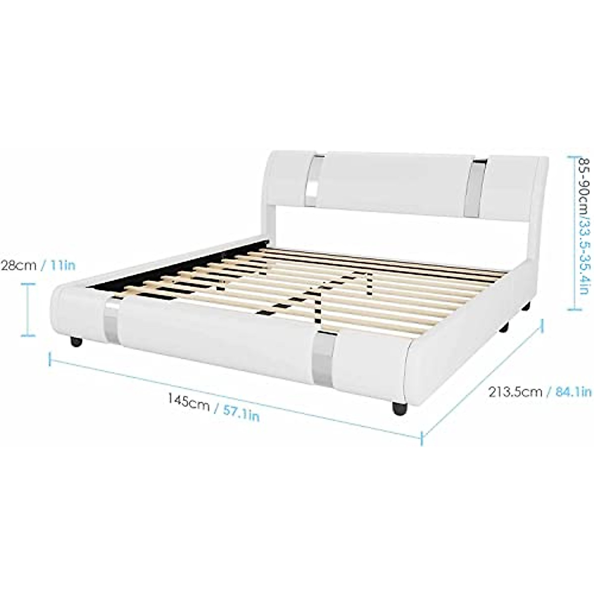Keyluv Modern Faux Leather Upholstered Platform Bed Frame with Metal Decoration Headboard, Curved Headboard, Wooden Slats Support, No Box Spring Needed, Full Size, White