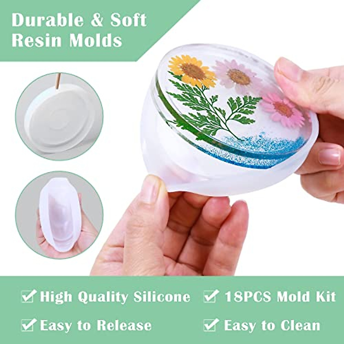 Silicone Resin Molds Kit 26PCS, Epoxy Resin Molds, Large Resin Casting Molds with 12 Glitter Sequins for UV Resin Casting, Including Sphere, Cube, Pyramid, Square, Coaster, Stone & Pendants