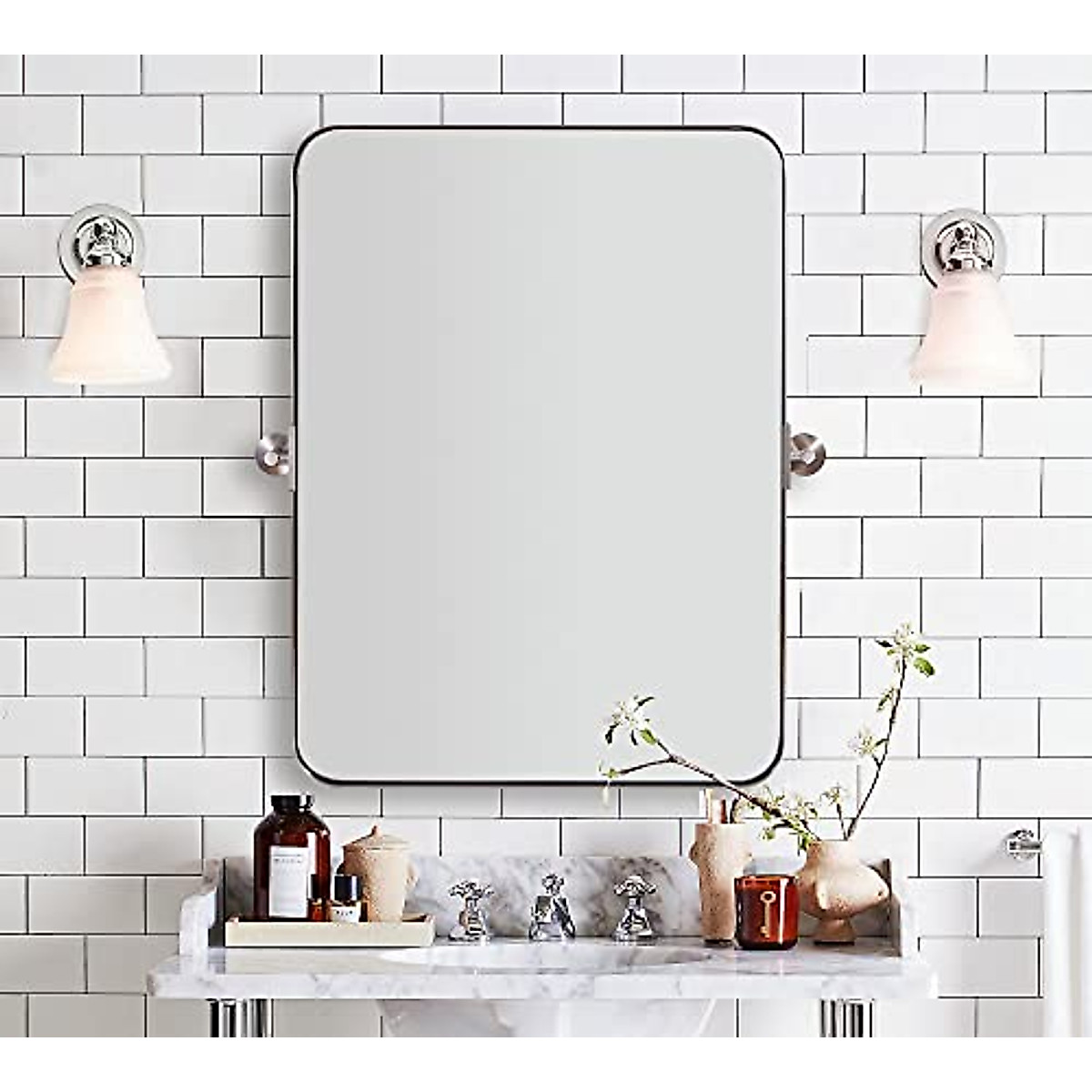 ANDY STAR 22"x34" Brushed Nickel Pivot Mirror for Bathroom, Silver Metal Frame Bathroom Mirrors for Wall，Rectangle Titling Vanity Wall Mirror with Rounded Corner Design Hangs Vertically Only