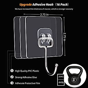 Large Adhesive Hooks, 16 Pack Heavy Duty Hold 44lb(Max) Sticky Hooks, Waterproof and Rustproof Wall Hooks for Hanging, Self-Adhesive Traceless Clear Wall Hooks to Use for Kitchen Bathroom Home Office