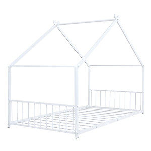 Montessori Floor Bed with Headboard and Footboard, Twin Floor Bed with Slats, Metal House Floor Bed for Kids, Girls, Boys, White Montessori Bed Twin Size