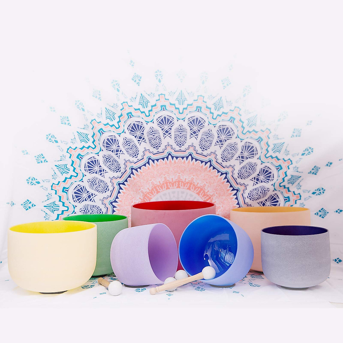 7"-12" 432Hz Chakra Tuned Set of 7 Colored Frosted Quartz Crystal Singing Bowl