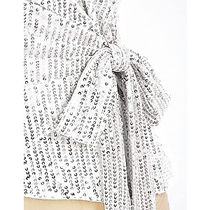 Sparkle Tops for Women Sequin Tank Top V Neck Tie Waist Top Sexy Club Cocktail Vest Shirt Silver White M