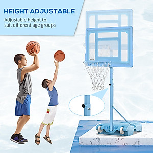 Soozier Poolside Basketball Hoop Stand, 36.5"-48.5" Height Adjustable Portable Hoop System w/Clear Backboard & Fillable Base for Whole Family, Blue, White
