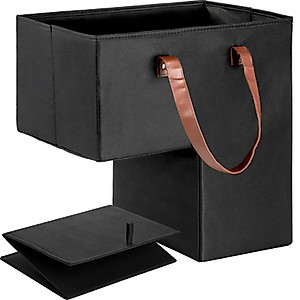 WUWEOT L-shaped Stair Basket, Foldable Stair Step Basket Organizer, 16" Large Capacity Staircase Storage Bin with Leather Handles and Internal Support for Carpeted Stairs and Wooden Stairs