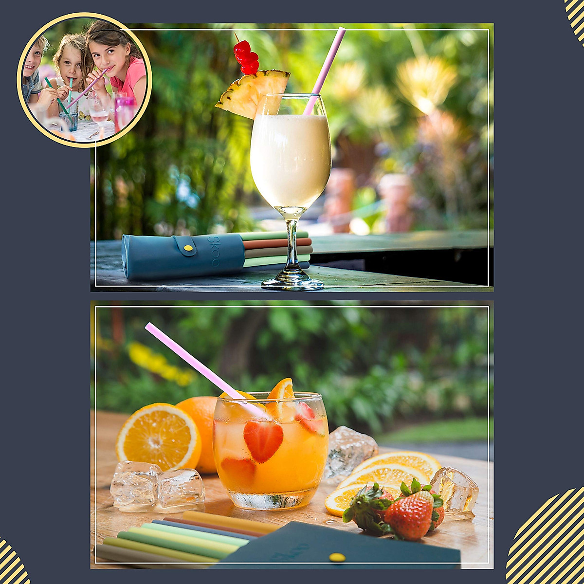 Skoo - Set of 10 Silicone Drinking Reusable Straws + Silicone Case Holder + Cleaning Brush - Jumbo Smoothies and Cocktails - Large and Thick Boba Straws Set Extra Wide - 10 inch Straight Long 0.4 Dia