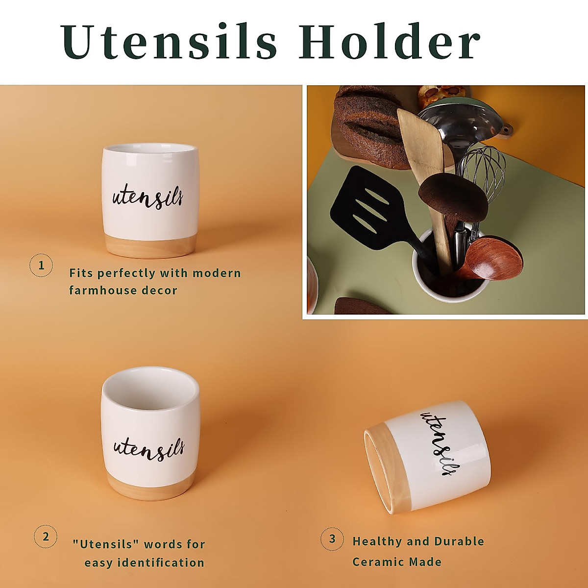 LEETOYI Ceramic Utensil Holder, Utensil Crock for Kitchen Counter, Countertop Utensil Storage Caddy Organizer, Farmhouse Kitchen Decor, Easy to Clean 33oz, White