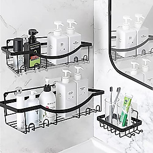 FANTINEE 4 Pack Shower Shelf for Inside Shower,Shower Caddy Basket Shelf with Soap Holder and Toothbrush Holder,Shower Wall Shelves for Bathroom Shower Storage Organizer Black