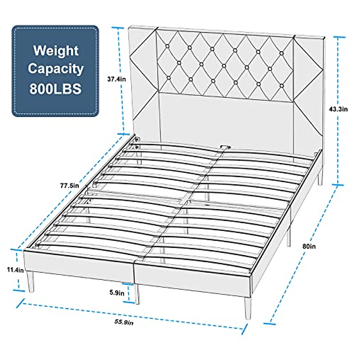 MOLYURAS Full Size Bed Frame, Upholstered Platform Double Full Bed Frame with Button Tufted Suede Velour Headboard, No Box Spring Needed, Sturdy Wood Slat Support, Easy Assembly