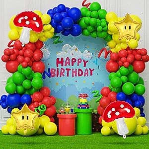 DUILE 156pcs Red Blue Green Yellow Balloon Garland Kit Mushroom Star Balloons for Cartoon Video Game Theme Super Bros Birthday Game Birthday Party Supplies