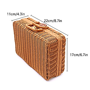 MSUIINT Rattan Storage Basket, Retro Wicker Suitcase, Willow Handwoven Receiving Bins with Handles, Straw Seaweed Makeup Organizer, Vintage Crossbody Bags Container Womens Handbag, 8.7x6.7x4.3 inch