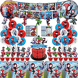 Spider and His Amazing Friends Birthday Party Supplies， Spidey Theme Party Decor With 20 Plates 20 Paper Towels 1 Tablecloth 1 Set of Banners 1 large happy birthday cake insert, and 24 small cake inserts，for Kids Gift Birthday