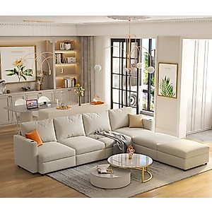 FANYE Oversized Chenille Upholstered Modular Storage Sectional Sofa Couch W/2 Movable Ottomans & Cupholders, U-Shaped Free Combined Sofa&Couch Convertible Sleeper Sofabed for Living Room