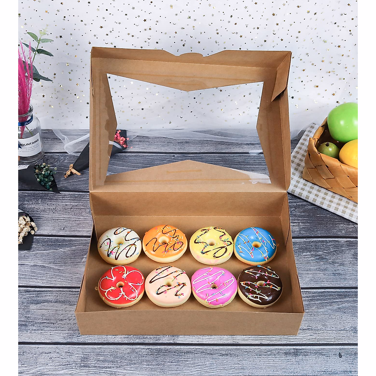 SOROO 15-PACK Brown Pastry Bakery Box 16x11x2.75inch,Large Donuts,Muffins,Cookies Boxes with Window Auto-Pop up Paper Box Nature Cardboard Take Out Container,Hold 12 Donuts,Pack of 15