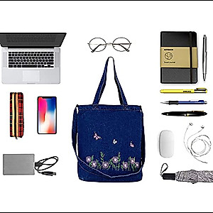 Van Caro Women Denim Purse Blue Jean Bag Fashion Tote Bag Shoulder Bag Handbag Top Handle Satchel Purse,Deep Blue Butterfly