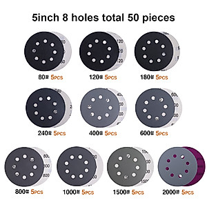 POLIWELL 5 Inch Sanding Discs 8-Hole Hook and Loop Sandpaper Wet Dry Sanding Sheets 80 to 2000 Assortment Grits 50 Pack with 5” Interface Pad for Random Orbital Sander Automotive Wood Metal Plastic