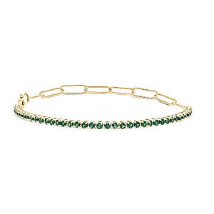 Emerald Tennis Bracelet for Women, Paper Clip-Styled Link Chain in 18k 1-micron Yellow Gold-Plating over 925 Sterling Silver, Women's Eternity Bracelet with Created Emerald Stones, 7" Link Chain