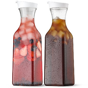 NETANY 50 Oz Water Carafe with Flip Top Lid, Set of 2 Square Base Juice Containers, Clear Plastic Pitcher - for Water, Iced Tea, Juice, Beverage, Milk, Cold Brew and Mimosa Bar - HAND WASH ONLY