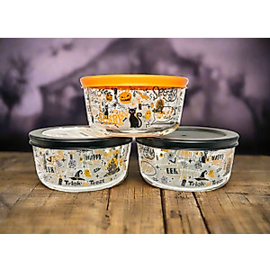 DURA LIVING Halloween Glass Food Storage Containers with Lids | Set of 6 (3 Containers + 3 Lids) 2-Cup | Spooky Design, BPA-Free, Microwave & Dishwasher Safe|Perfect for Meal Prep, Snacks & Leftovers