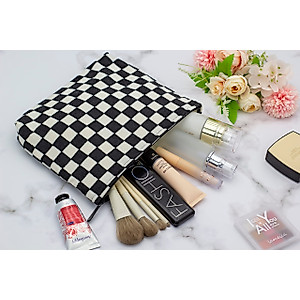 PAZIMIIK Makeup Bag Large Zipper Corduroy Make Up Pouch for Purse Travel Canvas Cosmetic Organizer for Women Brush Storage,Checkered Black