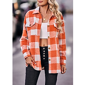 PRETTYGARDEN Women's 2024 Fall Clothes Plaid Shacket Jacket Long Sleeve Button Down Flannel Shirts Fashion Blouse (Plaid Orange White,Large)