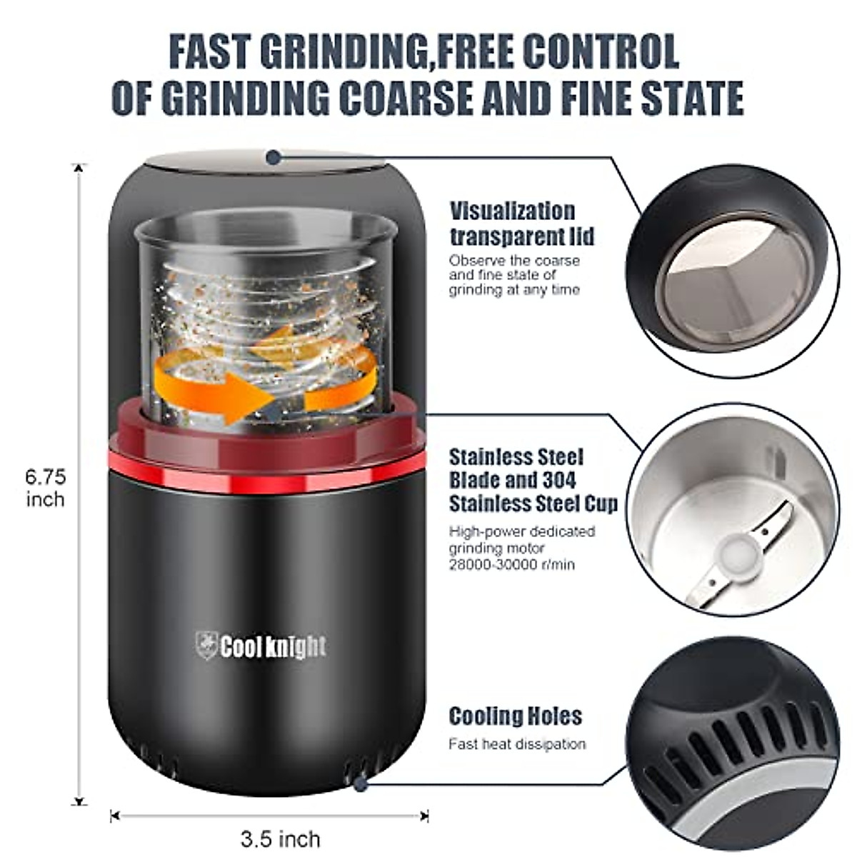 COOL KNIGHT Herb Grinder [large capacity/fast /Electric ]-Spice Herb Coffee Grinder with Pollen Catcher/- 7.5" (Black)