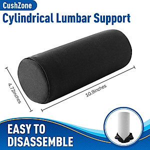 CushZone Lumbar Roll Support Pillow for Office Chair, Car, Gaming Chair, Memory Foam Back Cushion with Washable Cover for Relieving Back Pain & Improving Posture,Black