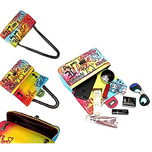 Wxnow Small Crossbody Bags for Women & Girls Handbags Satchels for Teen Girls Shoulder Bags Purses for Ladies with Chain Strap Yellow Graffiti