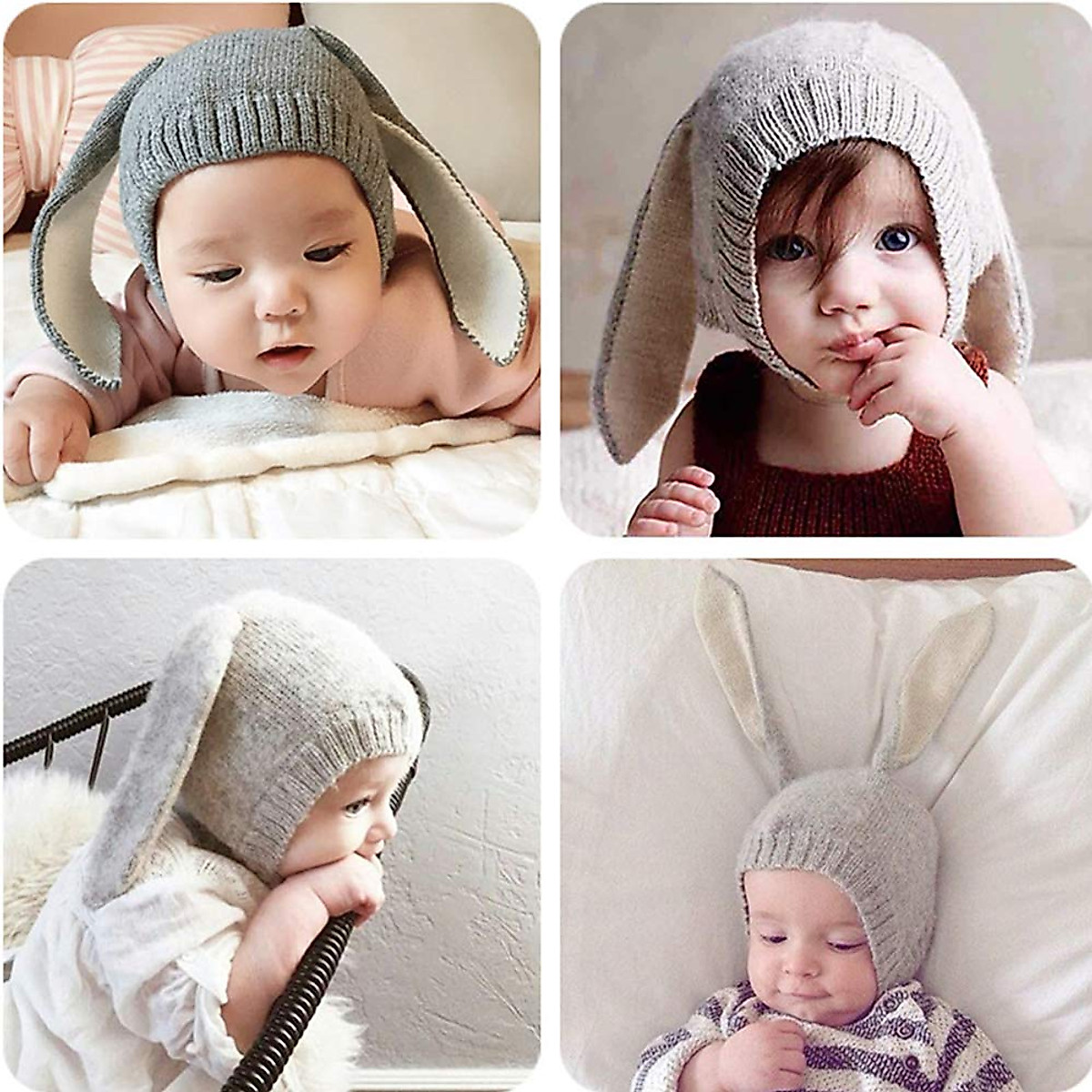 Toddlers Baby Girls and Boys Rabbit Ears Beanie Cap Winter Warm Knit Caps Scarf Woolen Earflap Hood Warm Skull Knit Caps (Hat2-Grey)