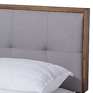 Baxton Studio Alke Mid-Century Modern Light Grey Fabric Upholstered Walnut Brown Finished Wood Queen Size Platform Bed