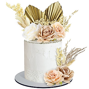 28 Pcs Boho Cake Topper Decorations Vintage Artificial Rose Flowers Leaves for Cake Decorating Kit Dried Faux Flower Decor for Bohemian Wedding Bridal Baby Shower Birthday Party Supplies (D)