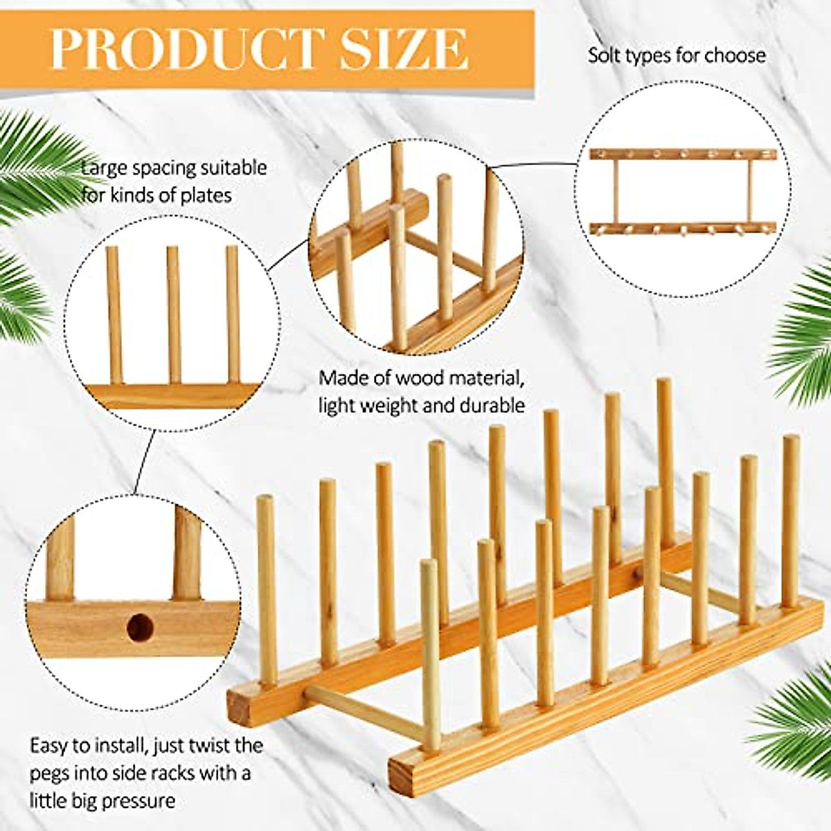 Zopeal 18 Pcs Bamboo Wooden Plate Racks Dish Rack Stand Holder 3/ 6/ 7 Slots Drainboard Drying Drainer Kitchen Cabinet Organizer for Dish Plate Bowl Cup Pot Lid Book